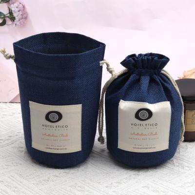 China Round Bottom Drawstring Jute Bag Dark Blue Candle Packing Custom LOGO With Label for sale