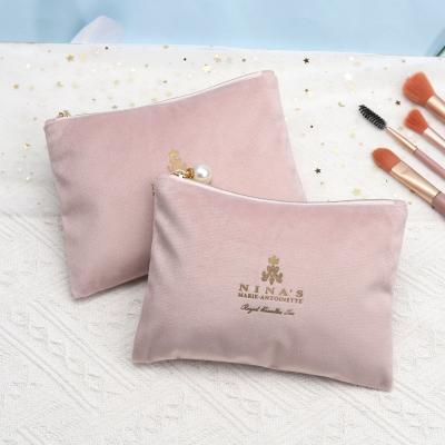China Velvet Zipper Cosmetic Toiletry Bag Luxury Soft Fabric Custom Printed Logo for sale