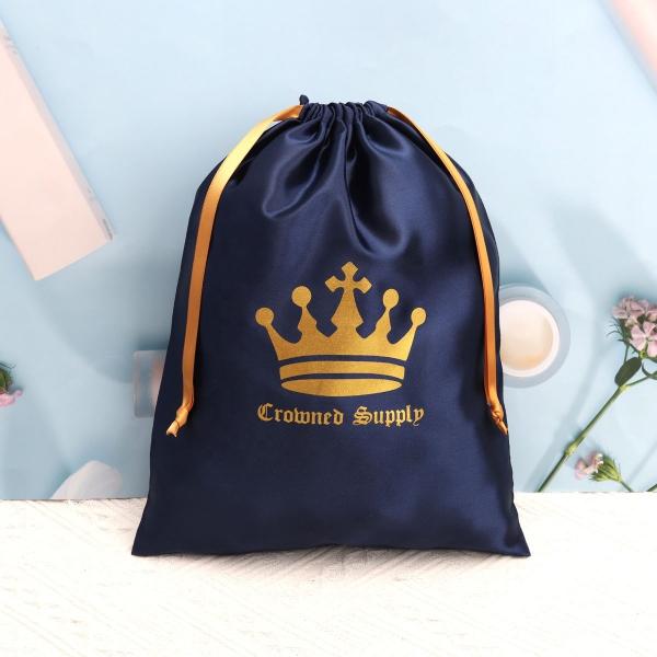 Quality Blue Satin Drawstring Storage Bag Silk Gift Packaging Reusable Custom Logo Printed for sale