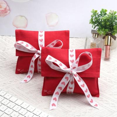 China Custom Red Canvas Envelope Jewelry Pouch Reusable With Ribbon for sale