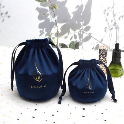 China Round Bottom Drawstring Velvet Dust Bag Blue Candle Gift Packing for sale