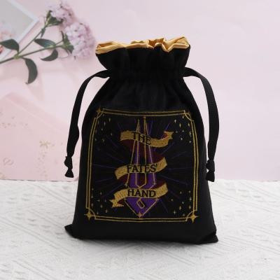 China Custom Embroidery Black Velvet Tarot Card Packaging Bag With Satin Drawstring Pouch for sale