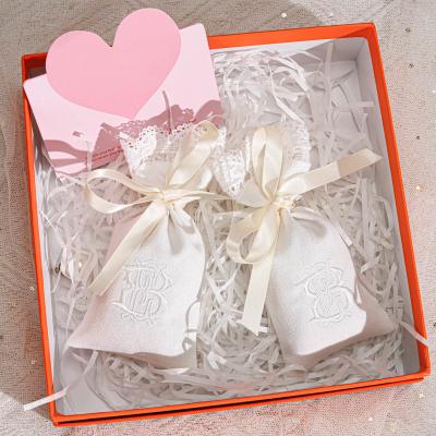 China High End Lace Cotton Linen Ribbon Straps Design Gift Pouch Custom Embroidery Logo Cotton Linen Sachet Packaging Bag for sale