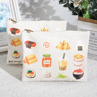 China 8oz Organic Natural Canvas Cosmetic Zipper Pouch Custom Printed Pattern Canvas Makeup Brush Storage Zipper Bag for sale