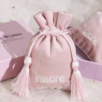 China Pink Small Velvet Jewelry Drawstring Bag With Tassel High Qulity Soft Velvet Accessories Packing Drawstring Pouch for sale
