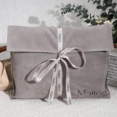 China Custom Grey Velvet Garment Packing Envelope Pouch With Bow High End Suede Envelope Gift Bag for sale