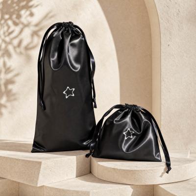 China Elegant Custom Satin Drawstring Bag for Cosmetic Perfume High End Black Satin Shoe Umbrella Drawstring Dust Pouch with logo for sale
