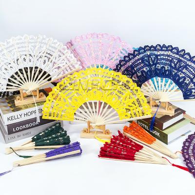 China High Quality Bamboo Fan Lace Fabric European Style Folding Hand Fan for sale