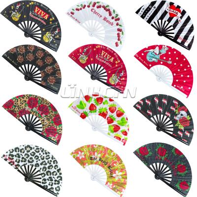 China Custom Printed Large 33 cm Portable Painted Design Rave Bamboo Folding Hand Fan for Music Performance Festivals and Parties for sale