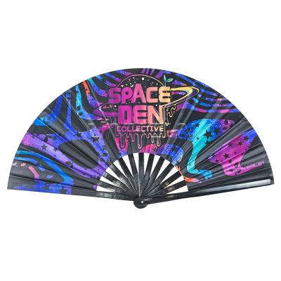 China Custom Printed Large 33 cm Portable Painted Design Rave Bamboo Folding Hand Fan for Music Performance Festivals and Parties for sale