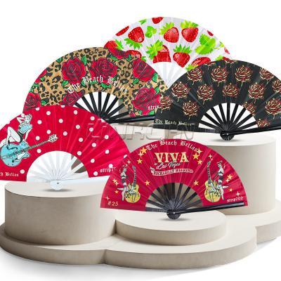 China Custom Printed Large 33 cm Portable Painted Design Rave Bamboo Folding Hand Fan for Music Performance Festivals and Parties for sale