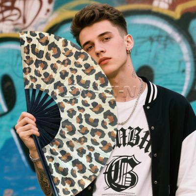 China Custom Printed Large 33 cm Portable Painted Design Rave Bamboo Folding Hand Fan for Music Performance Festivals and Parties for sale