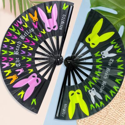 China Custom Printed Large 33 cm Portable Painted Design Rave Bamboo Folding Hand Fan for Music Performance Festivals and Parties for sale