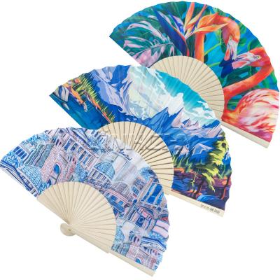 China Customized 23 cm Wooden Hand Fan with Spanish Printed Model Pattern Colourful Painted Wedding Favors Bulk Abanico De Mano for sale