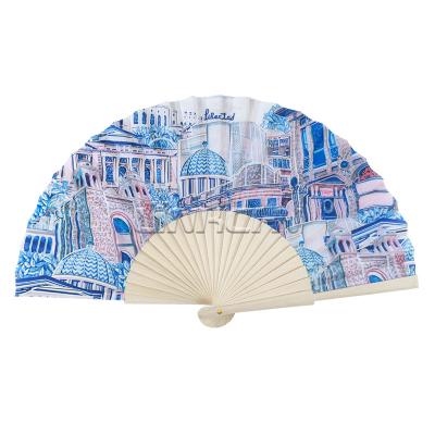 China Customized 23 cm Wooden Hand Fan with Spanish Printed Model Pattern Colourful Painted Wedding Favors Bulk Abanico De Mano for sale