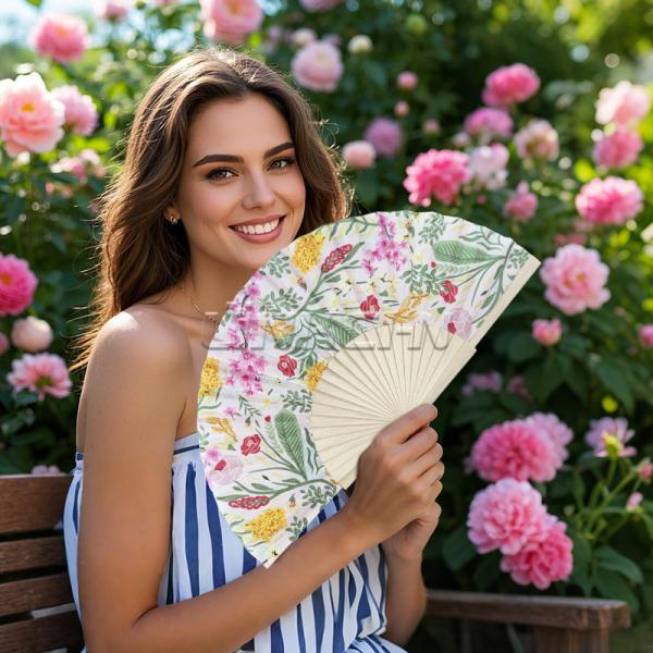 Quality 23cm Bamboo Frame Handheld Wooden Fabric Fan Painting Wedding Favors Bulk for sale
