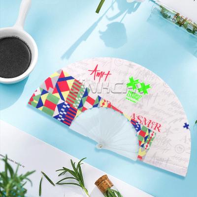 China Wholesale Custom Printed Plastic Nylon Accordion Hand Fan for sale