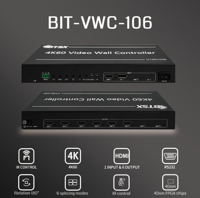 The BIT-VWC-106 is a professional 6-screen video wall processor supporting 3840x2400@60Hz and 5760x2160@30Hz, ideal for command centers, digital signage, and exhibitions.
