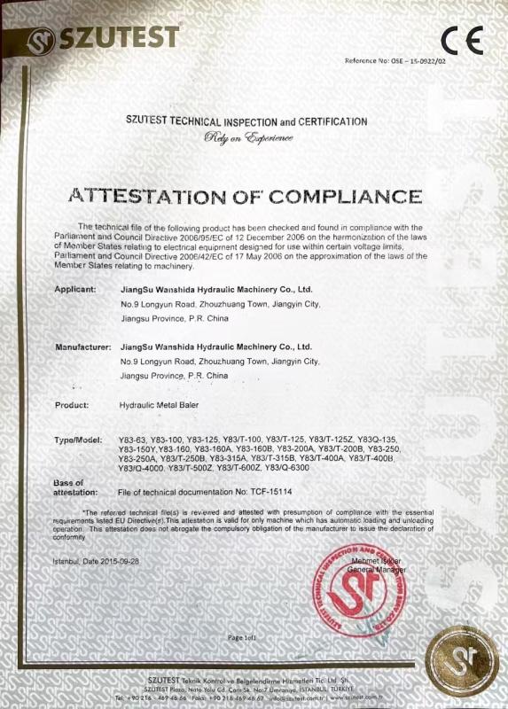 CE certificate - JIANGSU WANSHIDA HYDRAULIC MACHINERY CO., LTD