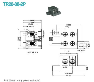 China 9.50mm Screw Barrier 2 Poles Panel Mount Terminal Block Electrical 300V 20A for sale