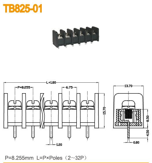 8.255mm Pitch Barrier Terminal Block 2-32 Poles 300V/20A M3 Screw