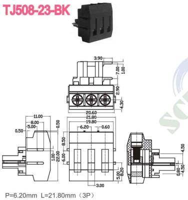 China 300V 10A M3 conector de bloque de terminal de tornillo 12 24 AWG PBT 6,2 mm de latón espaciador en venta