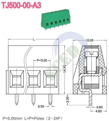 China Abstand 5,00mm 300v PCB-Terminalblock 10A 2P-24P Rechtwinkeldraht Eingang 12-26 AWG zu verkaufen