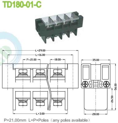 China 21.00mm PBT alimentación a través de 180A panel montado bloque de terminales de perforación con cubierta de plástico en venta
