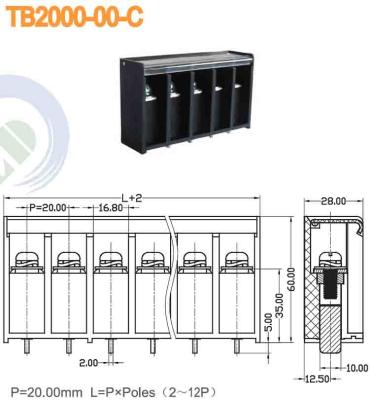 중국 장애 터미널 블록 피치 20.00mm 600V 75A 2-12P 전력 M6 터미널 블록 판매용