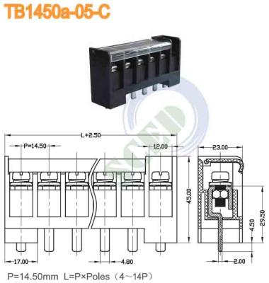 China Pitch 14.50mm 600V 57A 4-14P Barrier Terminal Block Connector PBT M5 22-6 AWG Power Terminal Block for sale