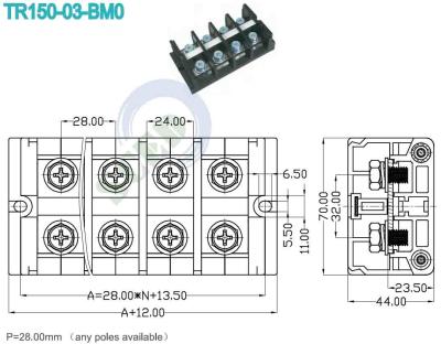 China High Current Terminal Block Connector 28.00mm 600V 150A M8 Any Poles Available for sale