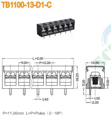 China 600V 30A bloque de terminal de barrera de nivel único acero M4 tornillo 11.00mm 2-18P en venta