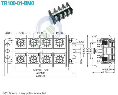중국 101A 600V 고전류 터미널 블록 커넥터 25.00mm 2-20AWG 38mm2 터미널 블록 판매용
