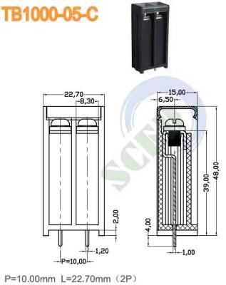 중국 10.00mm 장벽형 터미널 블록 20A 300V 플라스틱 검은색 2극 판매용