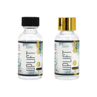 China Custom Label Labeled Smell Proof 1oz 30ml Luxury Mini Small Glass Bottle with Gold Aluminum Screw Lid Cap for Mojito Liquid for sale