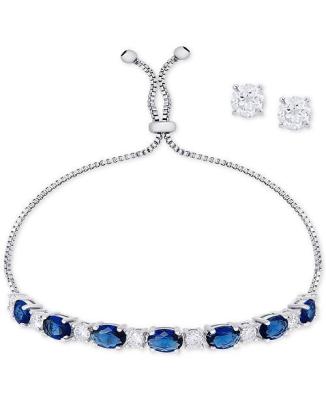 China Sapphire Slider Bracelet & Cubic Zirconia Stud Earrings Set In Silver-Plate for sale