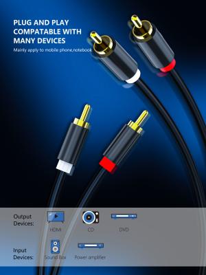 Cina Il maschio 2RCA ad oro maschio 2RCA ha placcato l'audio cavo, il nero 6 Ft 3,5 millimetri di audio cavo in vendita