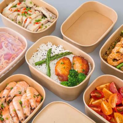 China Custom Printed Rectangular Kraft Paper Bowls Disposable Takeout Containers Lids Thick Fast Food Packaging Boxes Matt Boxes for sale