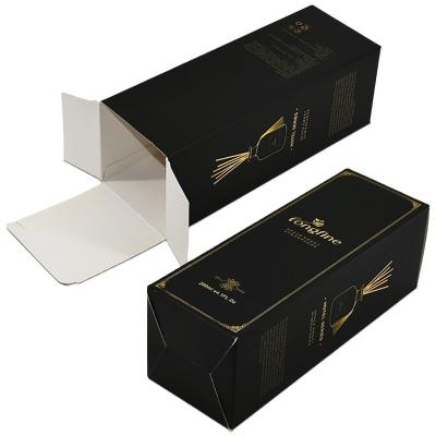 China Black Printing Reed Diffuser Strong Cardboard Boxes Fragrance Perfume Gold Hot Stamping Packaging for sale