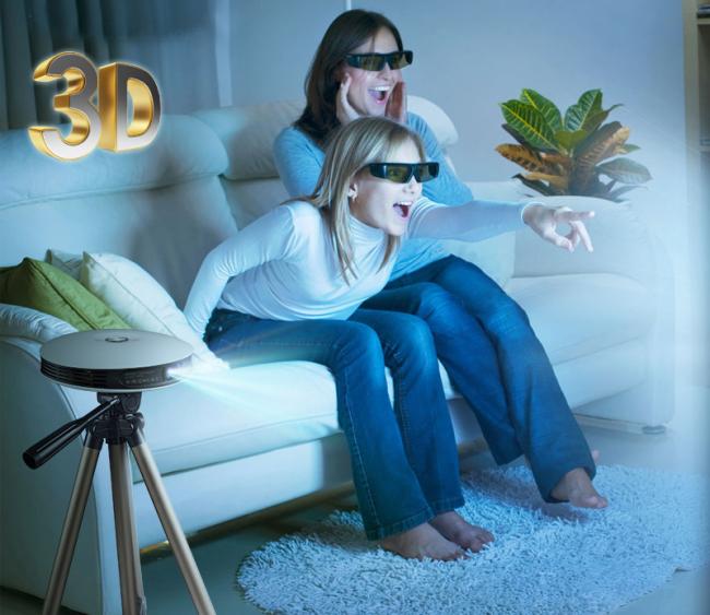 Projector in operation showing clear image projection