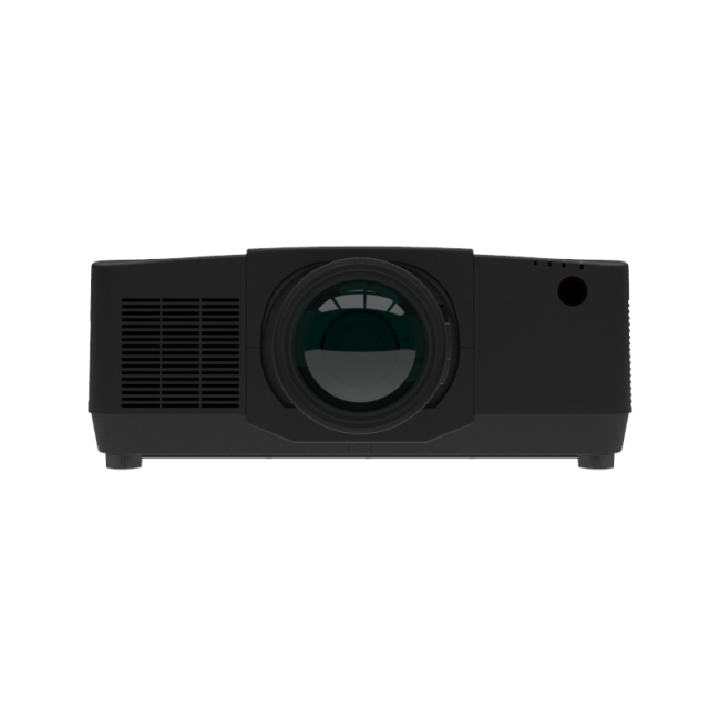 Technical diagram showing projector dimensions and connection ports