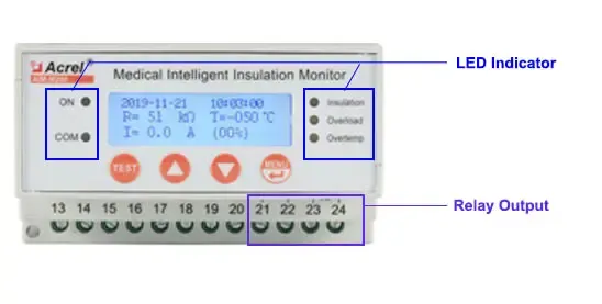 LCD display and relay output terminal of AIM-M200 Hospital Insulation Monitoring Device