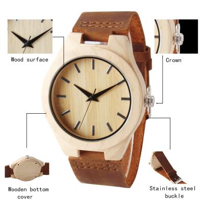 Cina Progettazione semplice dell'orologio di legno di bambù della banda del cuoio genuino con il movimento del quarzo del Giappone in vendita
