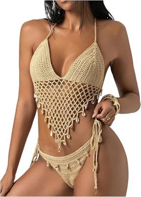 China Women'S Boho Hollow Out Halter Bikini Sets Shell Crochet Summer Beach Swimsuit Bathing Suit Skirt Knitted Texture One-Piece Short Hand Crochet Shawl Swimsuit Cover Ups Fashion Accessories for sale
