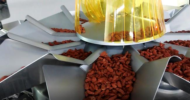 Close-up view of multihead weigher hoppers and controls