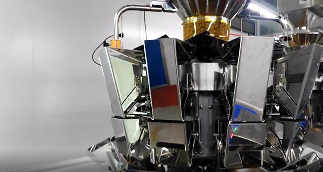 Close-up view of weighing hoppers on the multihead weigher