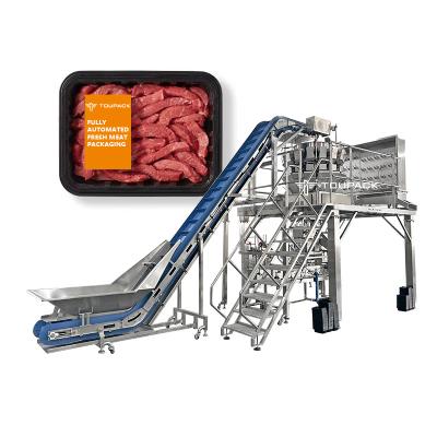 China Automatic Tray Packaging Line With Screw Feeding Multihead Weigher For Meat, Salad And Ready Meals for sale