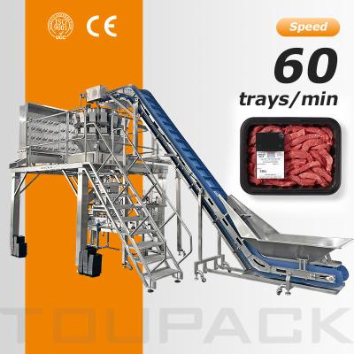 China High Speed Meat Tray Packaging Machine with Screw Multihead Weigher for Fresh & Processed Meat for sale