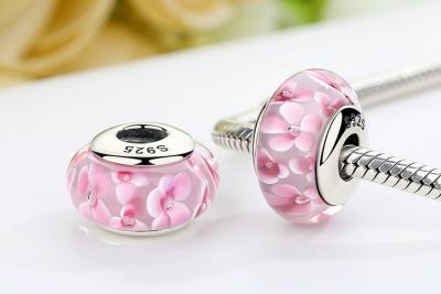 China Beads Charms for DIY Brace 925 Sterling Silver 2018  Lovely Pink Flower Pattern European Murano Glass Beads for sale