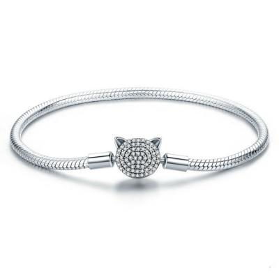 China Glittering CZ Snake Strand Chain Sterling Silver Bracelets With Cute Cat Stone for sale
